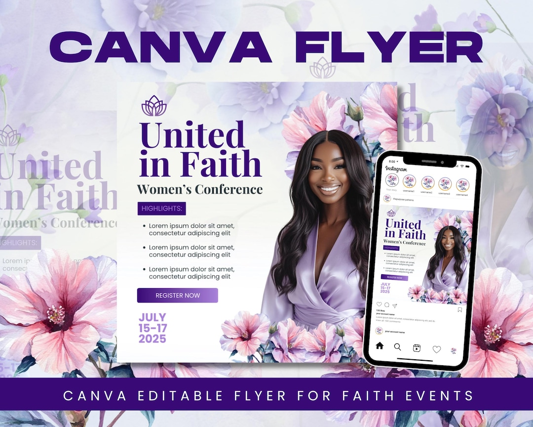 Women in Faith Conference Flyer Canva Template | Violet Floral Church ...