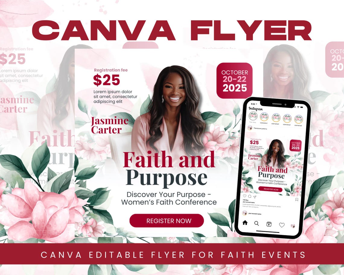Women in Faith Conference Flyer Canva Template | Pink Floral Church ...