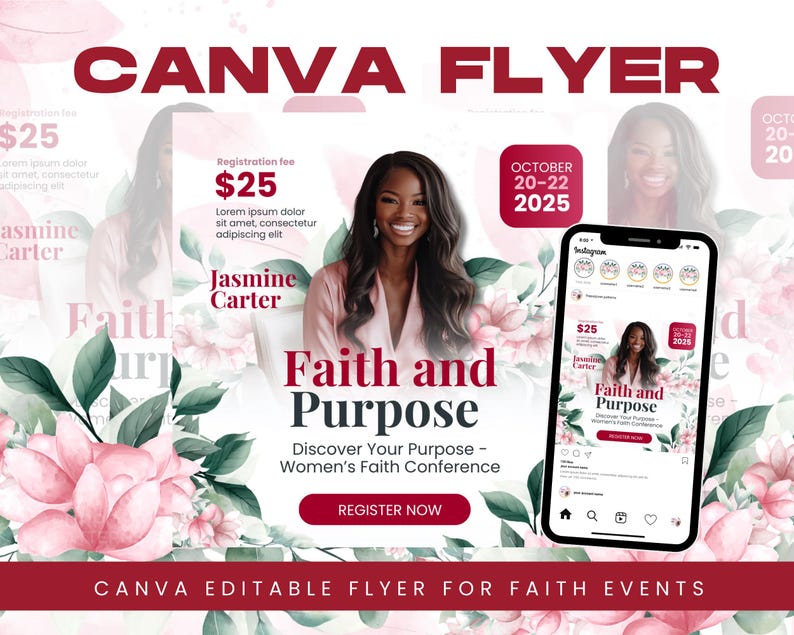 Women in Faith Conference Flyer Canva Template | Pink Floral Church ...