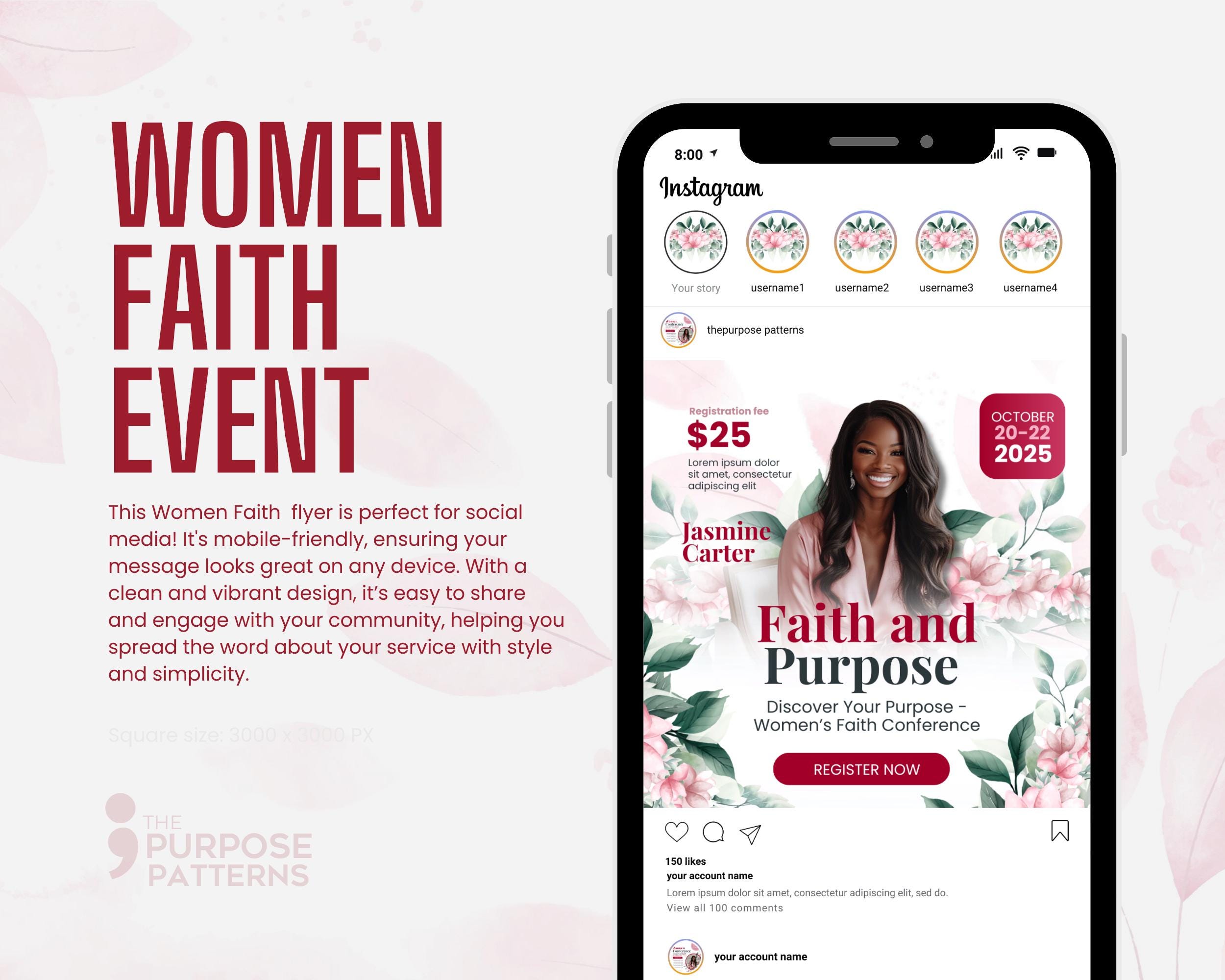 Women in Faith Conference Flyer Canva Template | Pink Floral Church ...