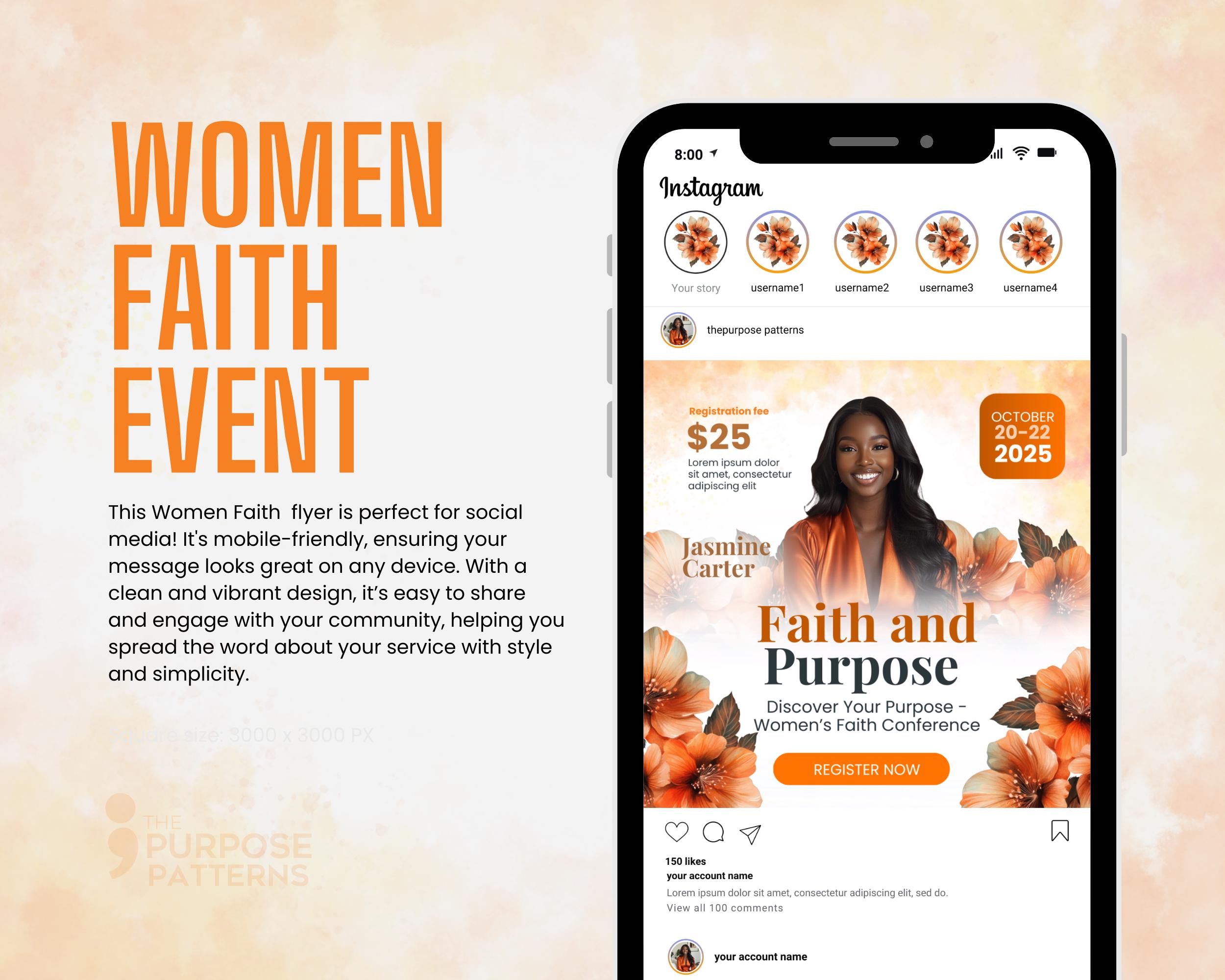 Women in Faith Conference Flyer Canva Template | Orange Floral Church ...
