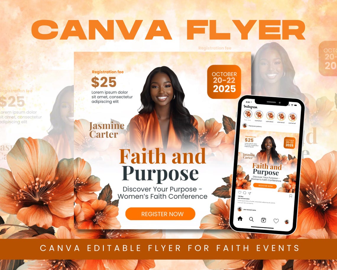 Women in Faith Conference Flyer Canva Template | Orange Floral Church ...