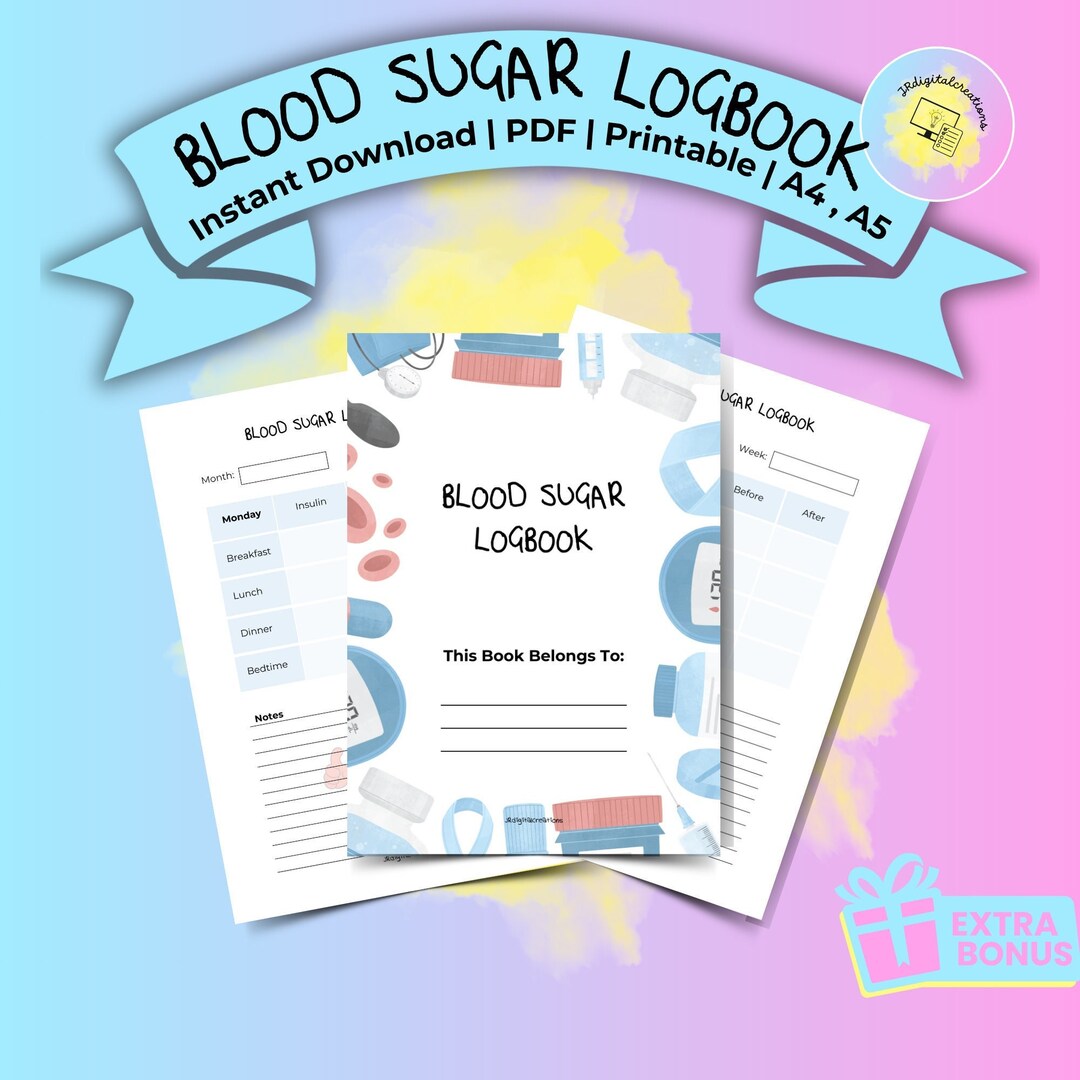 Printable Blood Sugar Logbook Digital Glucose Level Tracker A4 A5 ...