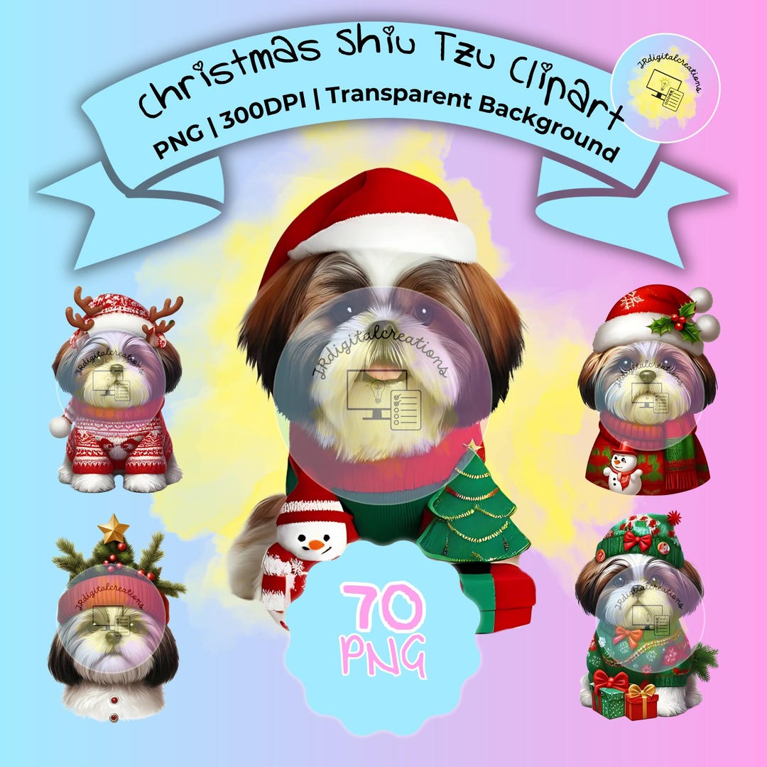 70 Christmas Shiu Tzu Clipart Digital Dog Cartoon 300 DPI Transparent ...