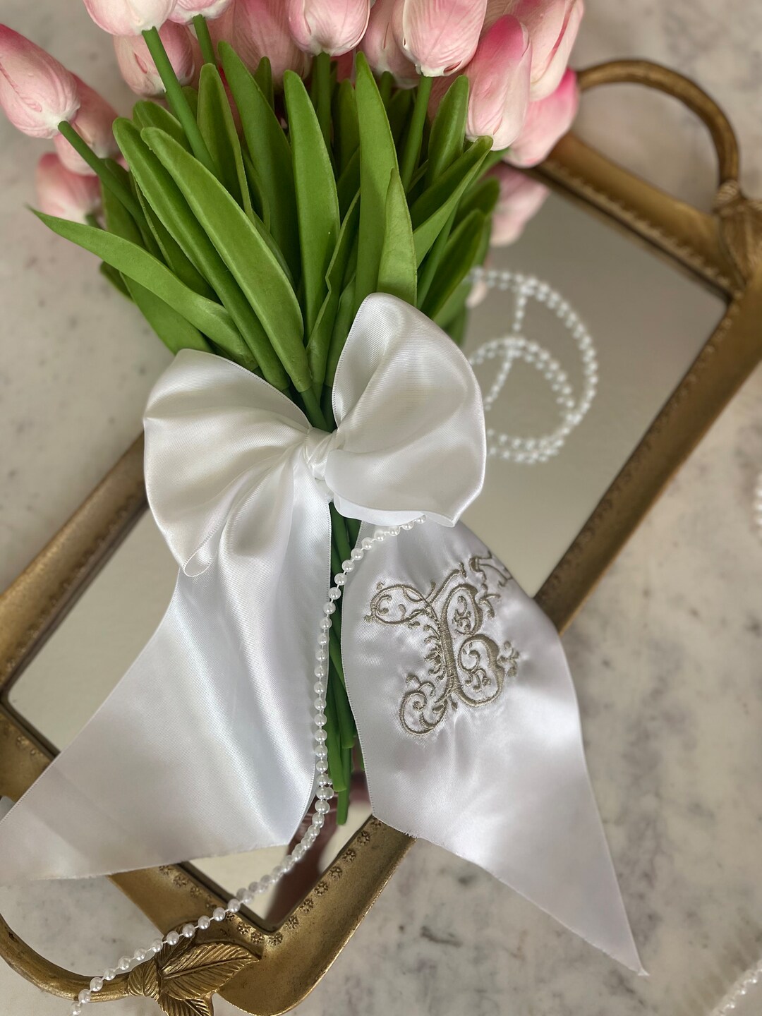 Satin Monogramed Bouquet Ribbon. Bridal Bouquet Ribbon. Quinceanera ...