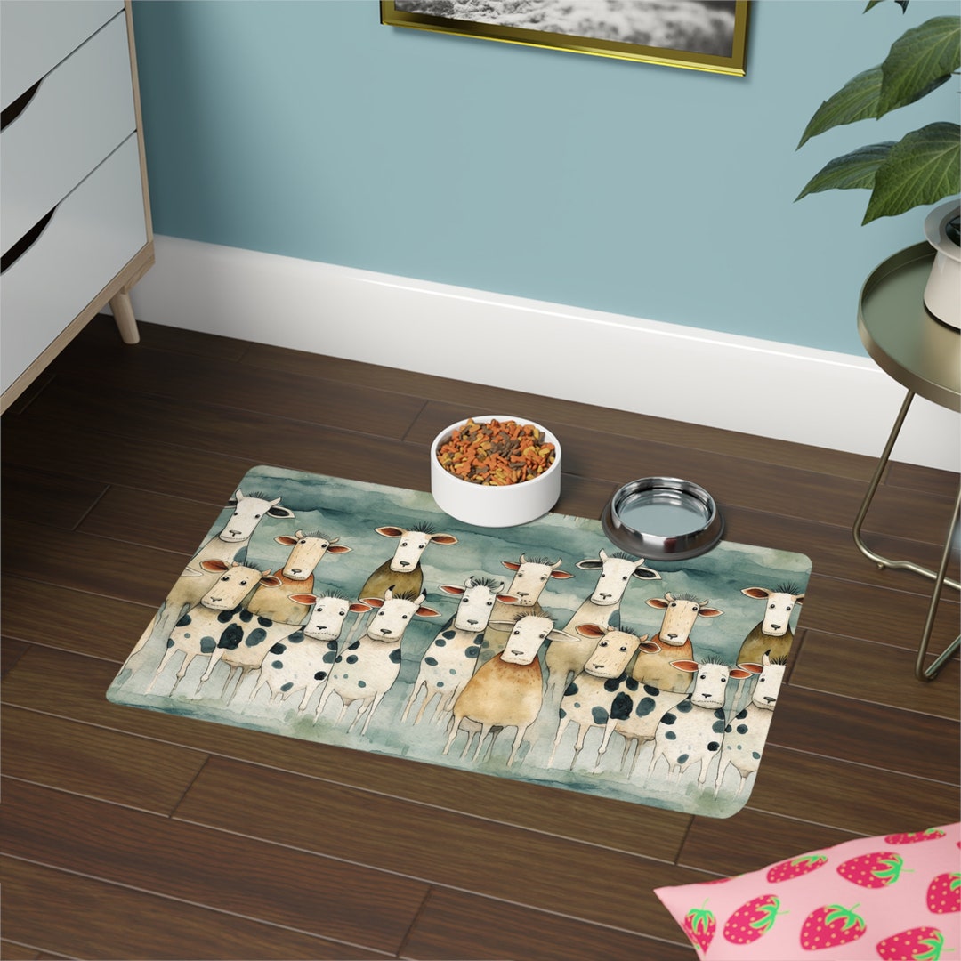 Fun Cows Pet Mat With Cows Watercolor Illustration Pet Feeding Mat Non ...