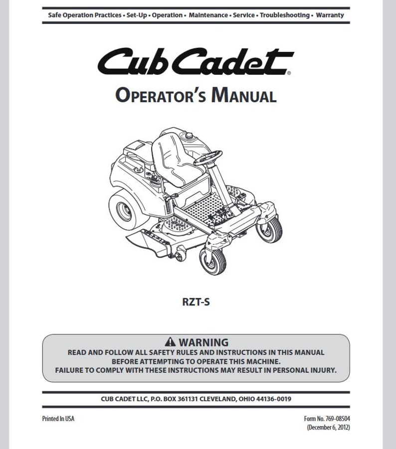 Cub Cadet RZT-S Zero Turn Tractor Riding Mower Operators Owners Users ...
