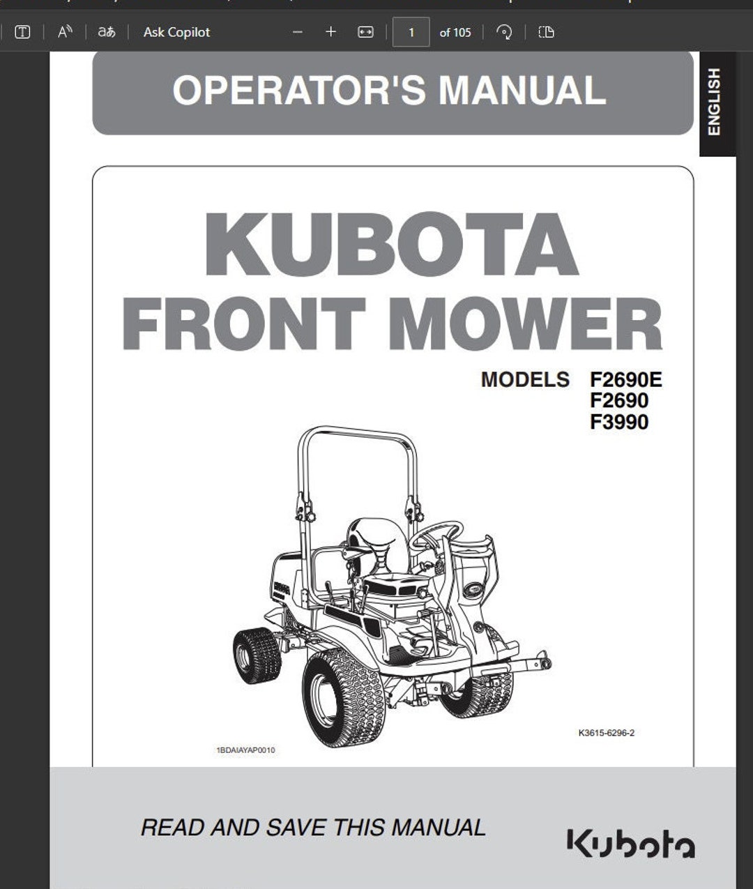 Operators F2690E F2690 F3990 Kubota Front Mower Manual Maintenance Pdf ...