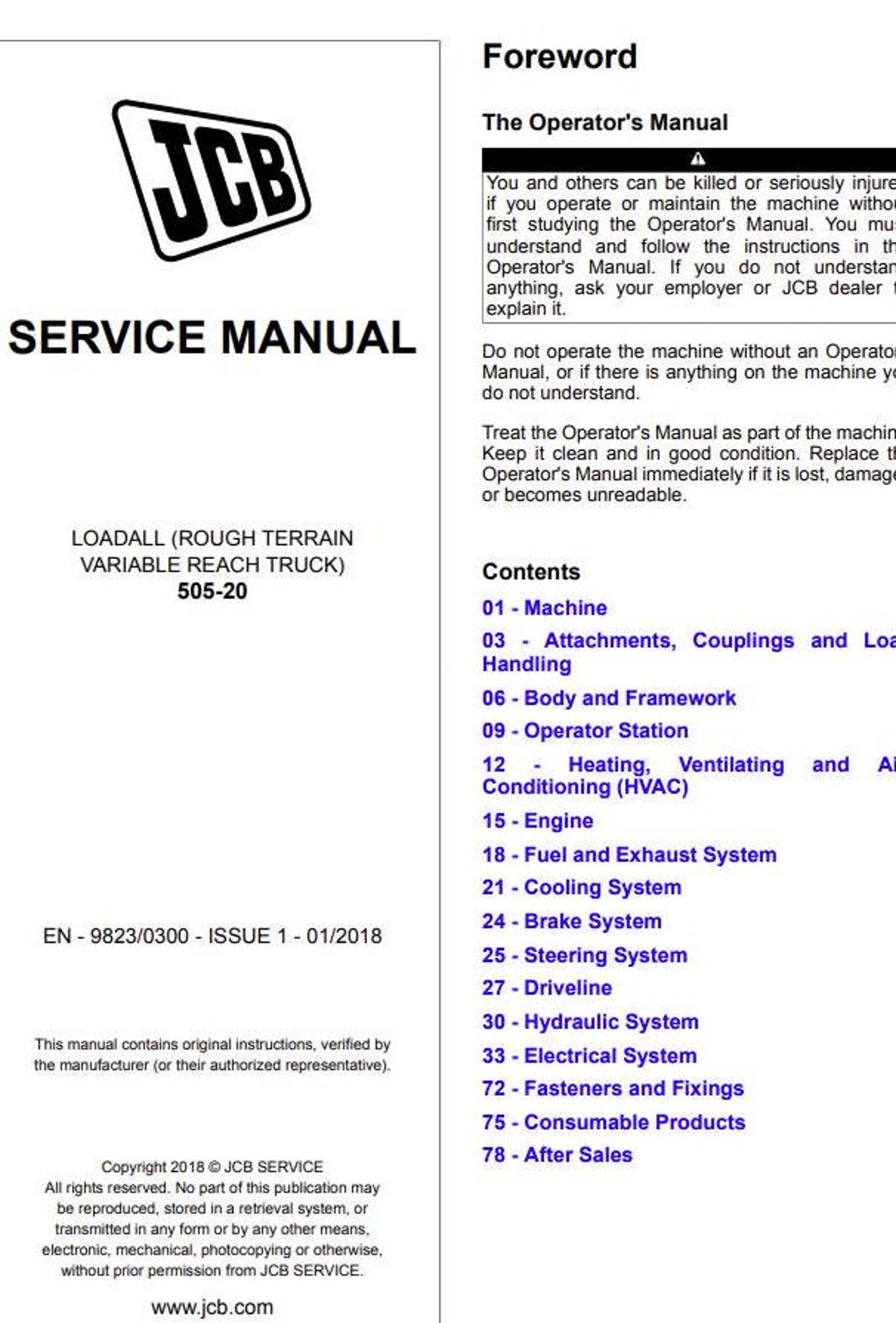 JCB 505-20 LOADALL Service Manual Download PDF - Etsy