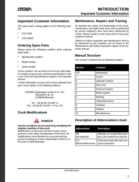 Crown ESR-5000, ESR-5000S Pallet Jack Forklift Spare Parts Catalog ...