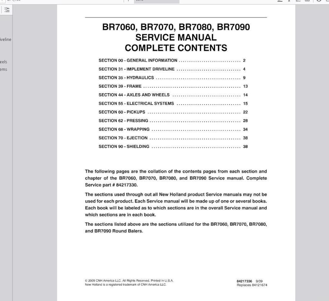 BR7060 BR7070 BR7080 BR7090 Round Baler Service Manual New Holland PDF ...