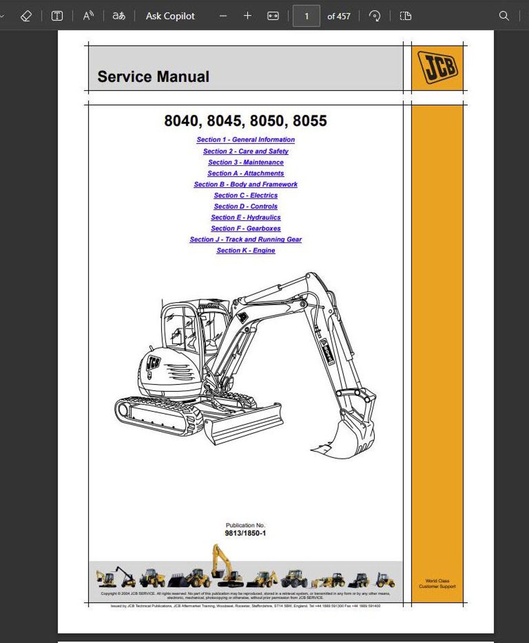 JCB 8040, 8045, 8050, 8055 SERVICE Manual for Mini Compact Excavator ...