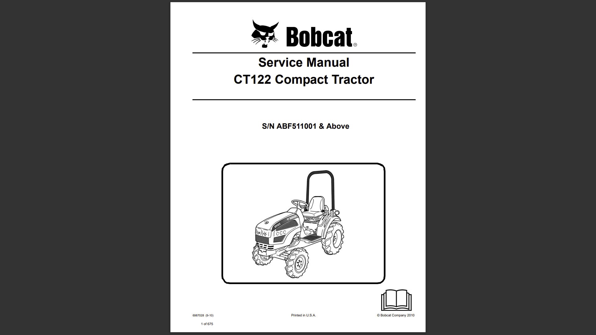 Bobcat CT122 Compact Tractor Service Manual #6987028 + Operations ...