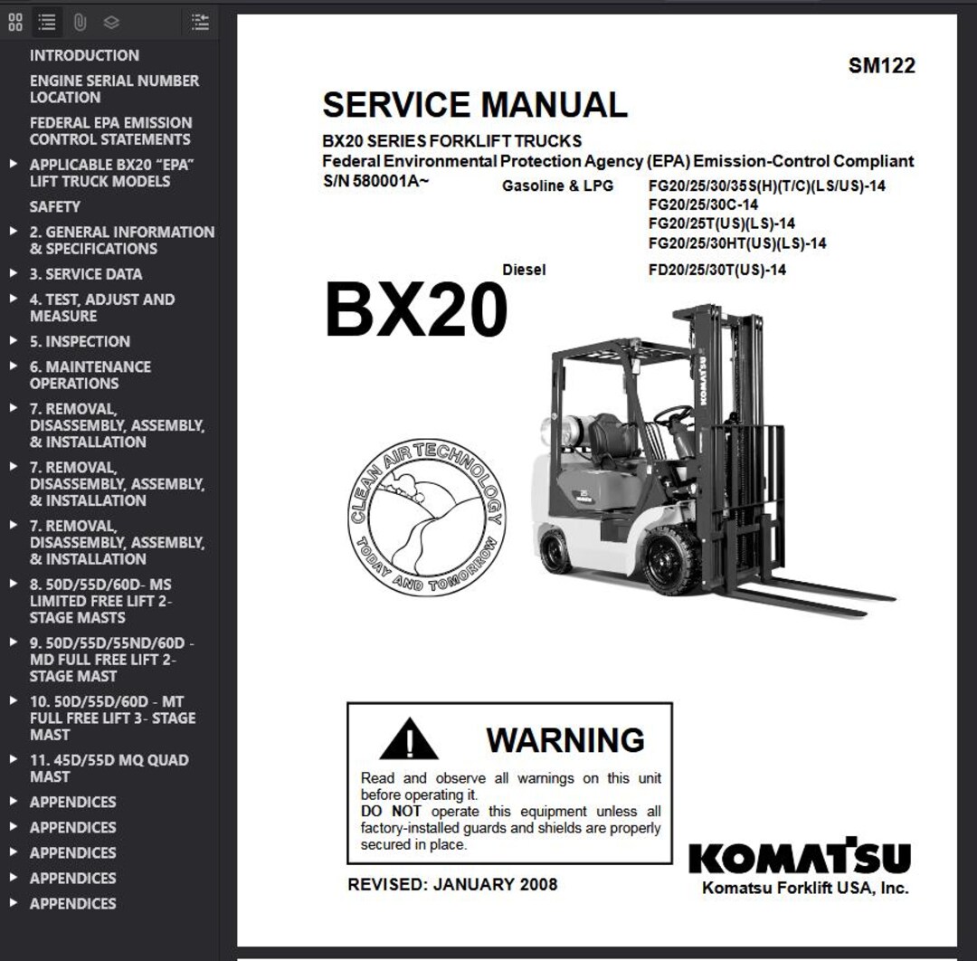 Komatsu BX20 Series Forklift Service Repair Manual PDF Download - Etsy