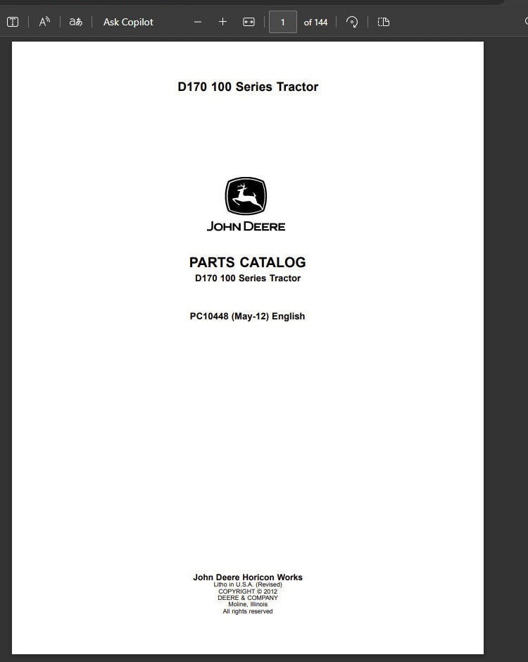 John Deere D170 Tractor Parts Catalog Manual 100 Series PC10448 Pdf ...