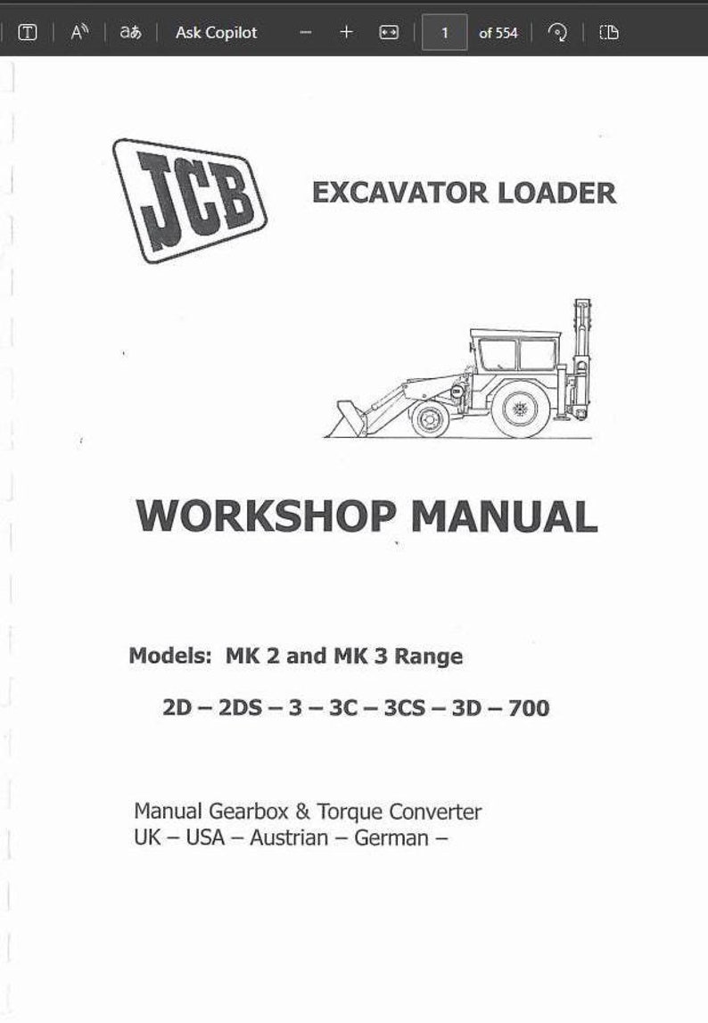 JCB MK2, MK3, 2D, 2DS, 3, 3C, 3CS, 3D, 700 SERVICE Manual for Backhoe ...