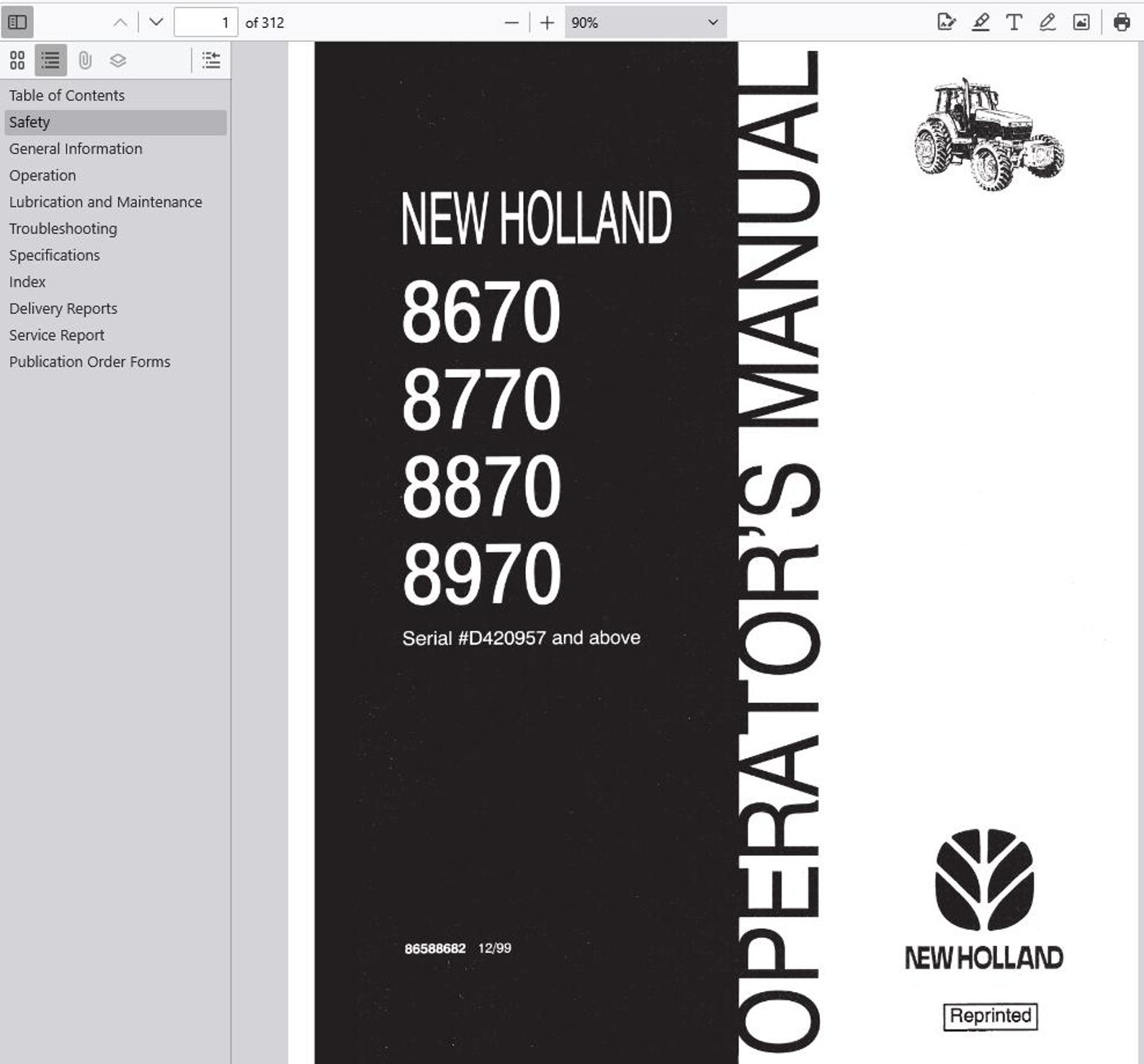 New Holland 8670 8770 8870 8790 Tractors Operators and Maintenance ...