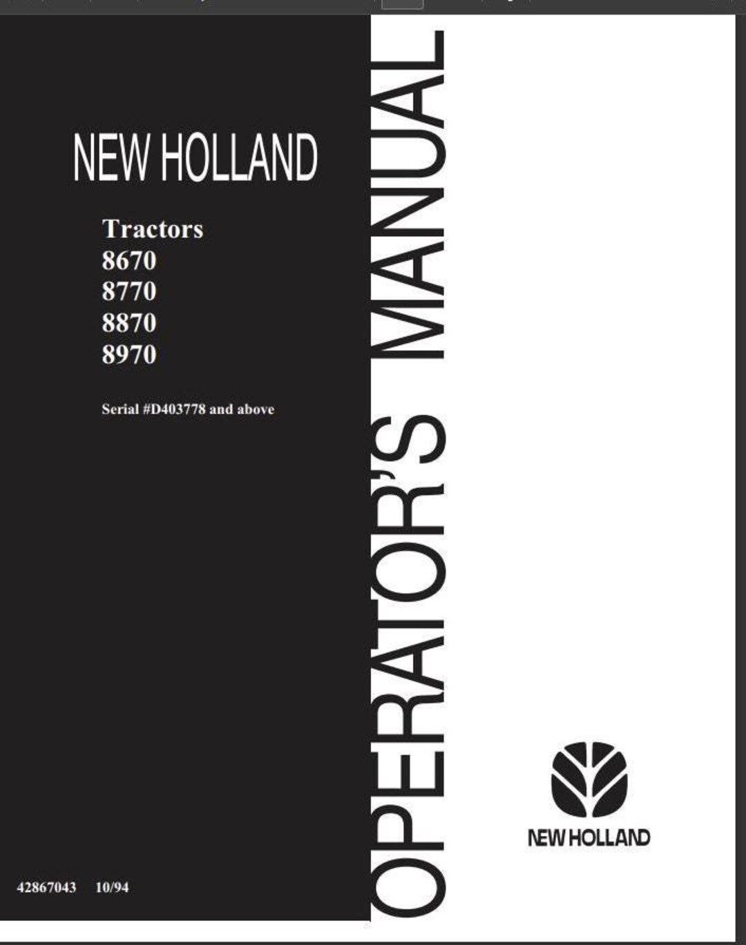 New Holland 8670 8770 8870 8790 Tractors Operators and Maintenance ...