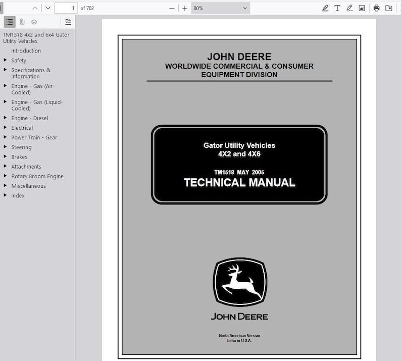 John Deere 4x2, 4x6 Gator Utility UTV Service Repair Technical Manual ...