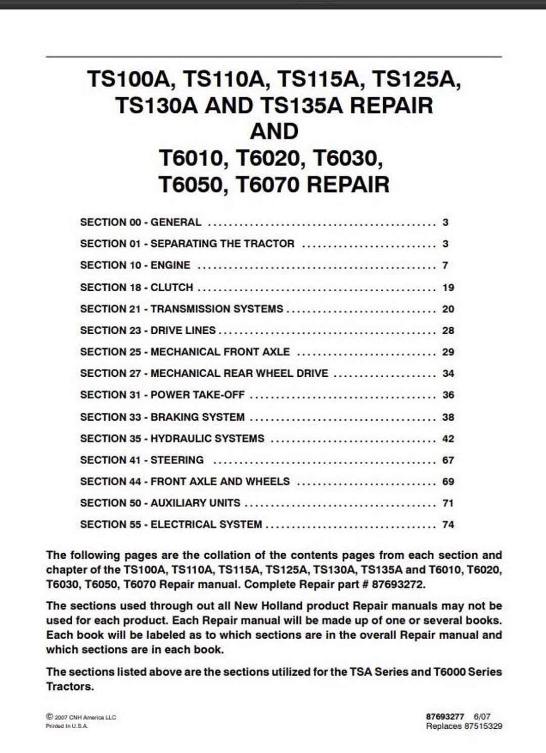 New Holland TS100A, TS110A, TS115A, TS125A, TS130A, TS135A T6010, T6020 ...