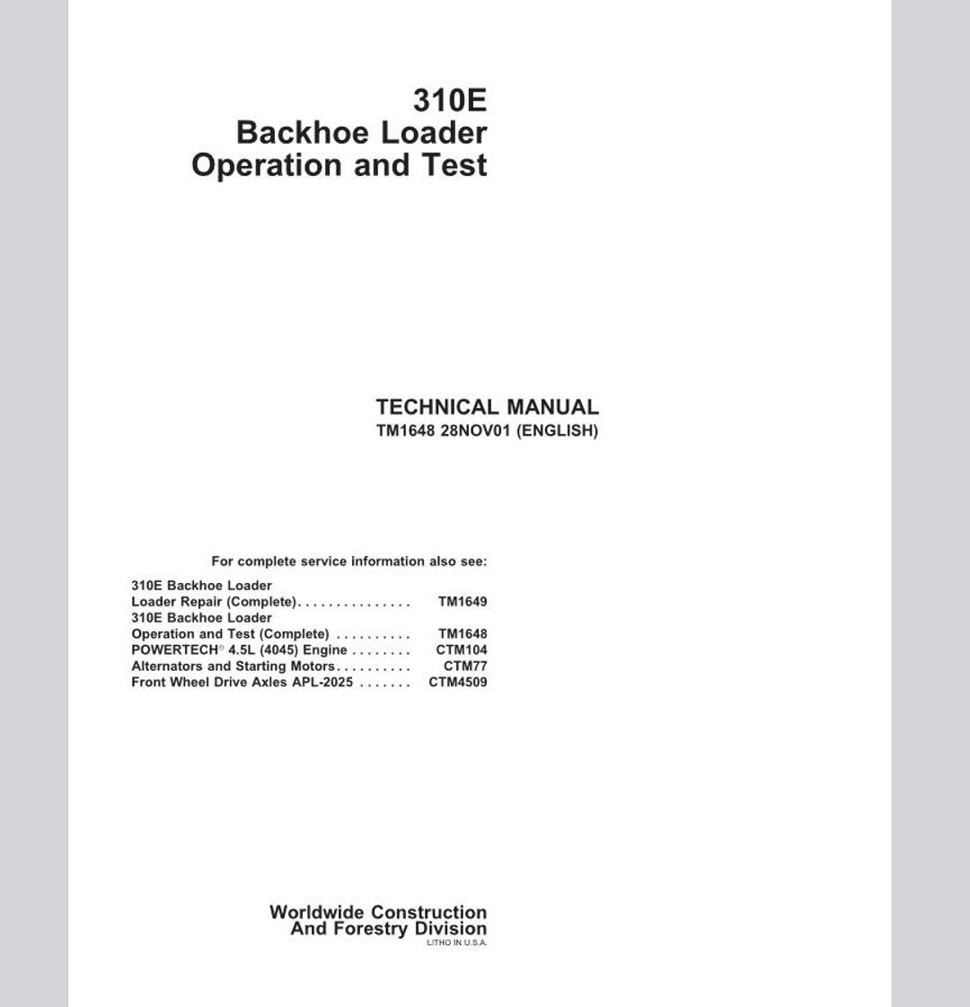 TM1648 - 310E Backhoe Loader Operation and Tests Technical Manual John ...