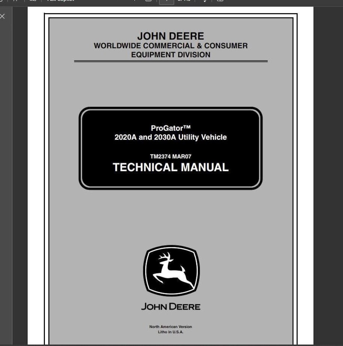 John Deere 2020A 2030A Progator Utility Vehicle Technical Service ...