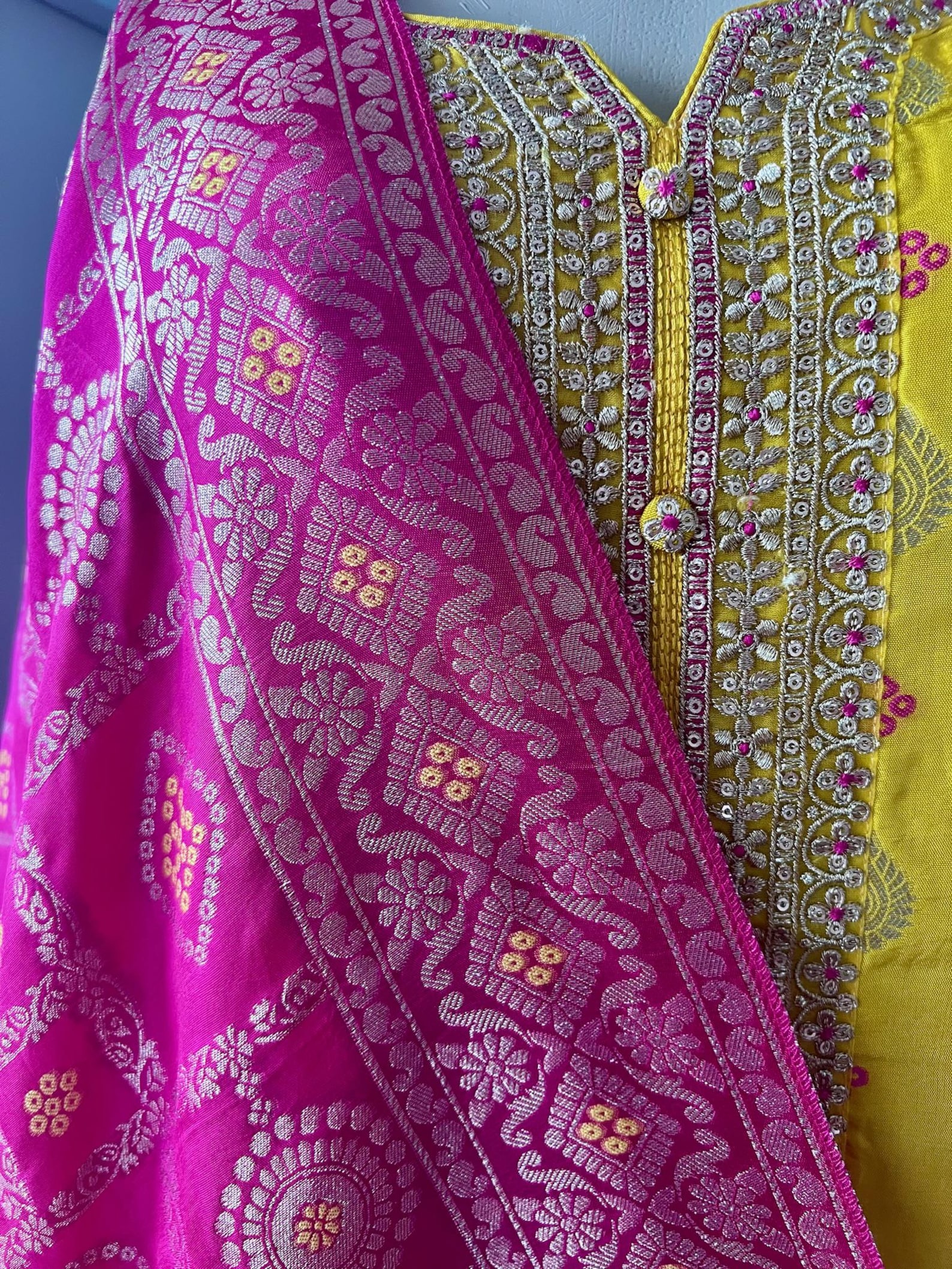 Silk Blend 3-piece Suit in Sunshine Yellow and Magenta With Butti Weave ...