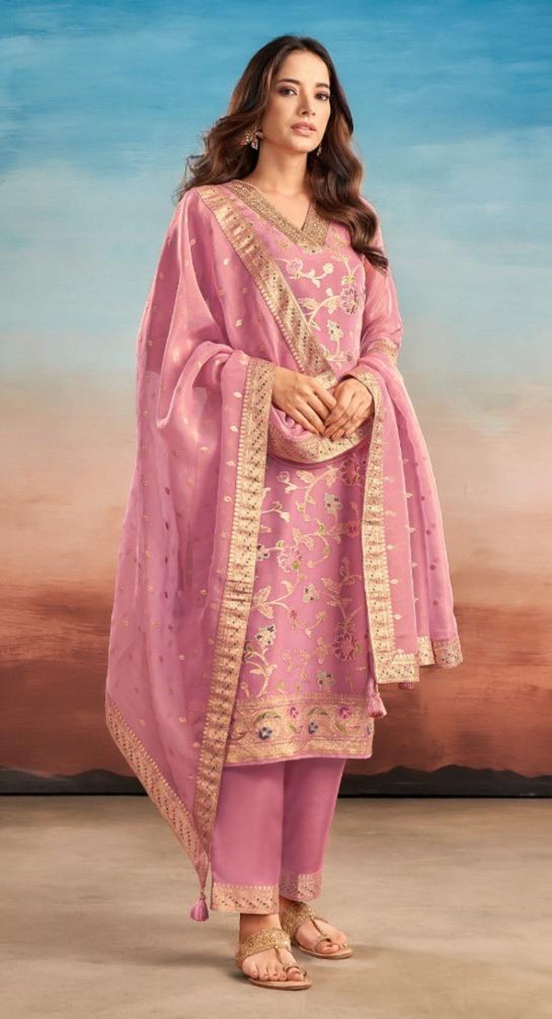 Tissue Silk 3-piece Suit With Golden Butti Work – Classy Traditional ...