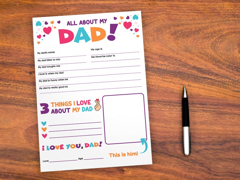 All About My Dad Printable Fathers Day Questionnaire Dad Gift From Kids ...