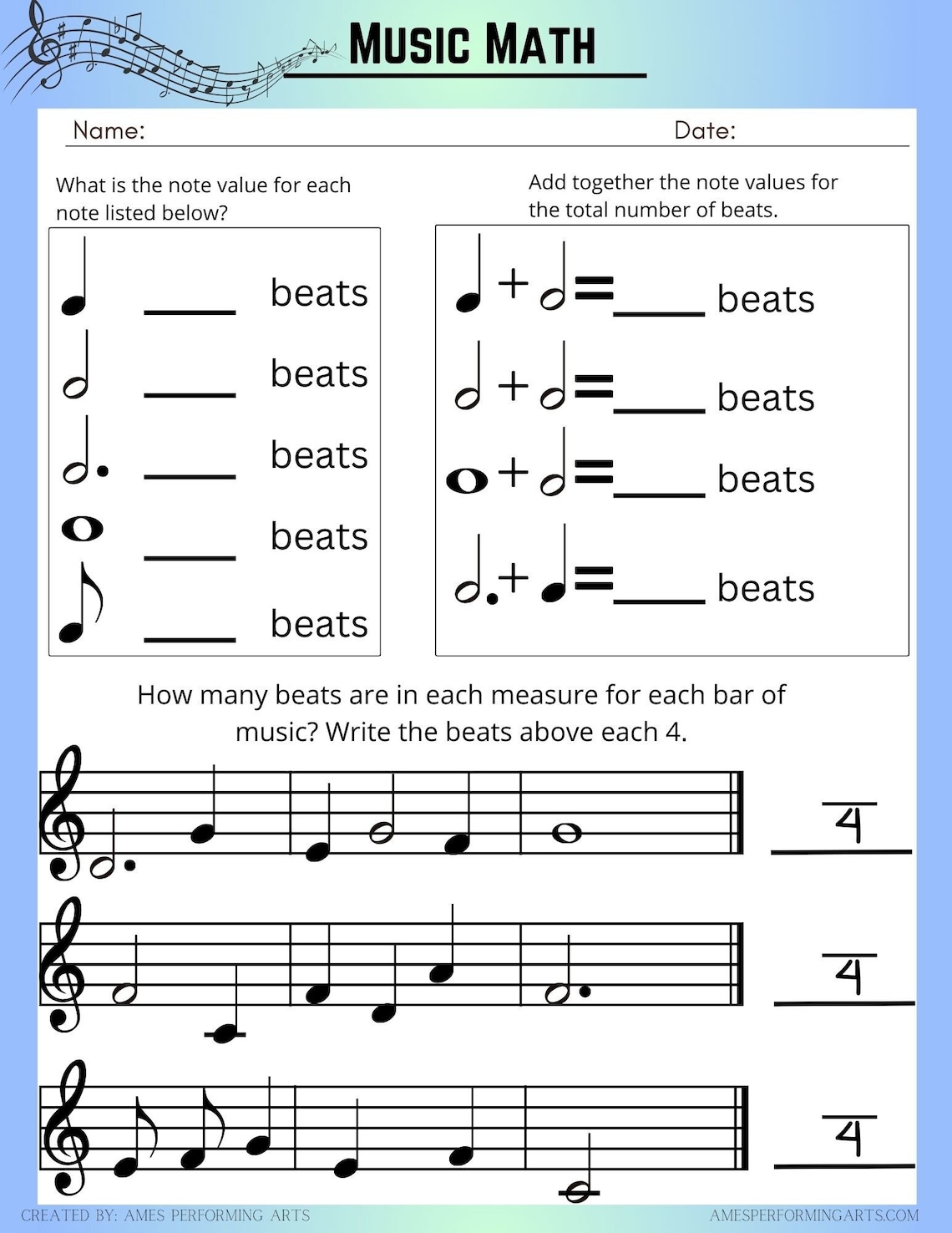 Music Math Worksheet - Etsy
