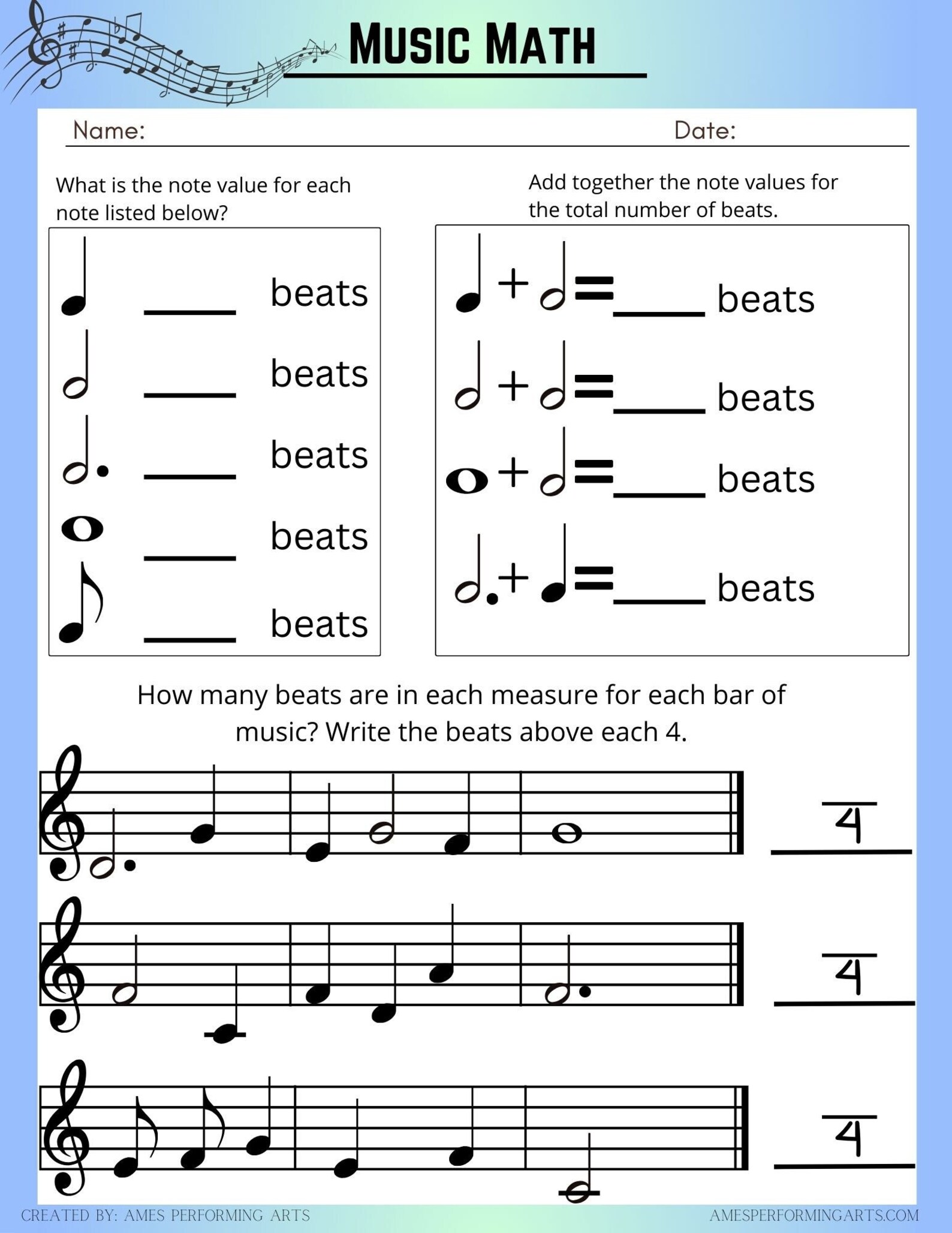 Music Math Worksheet - Etsy