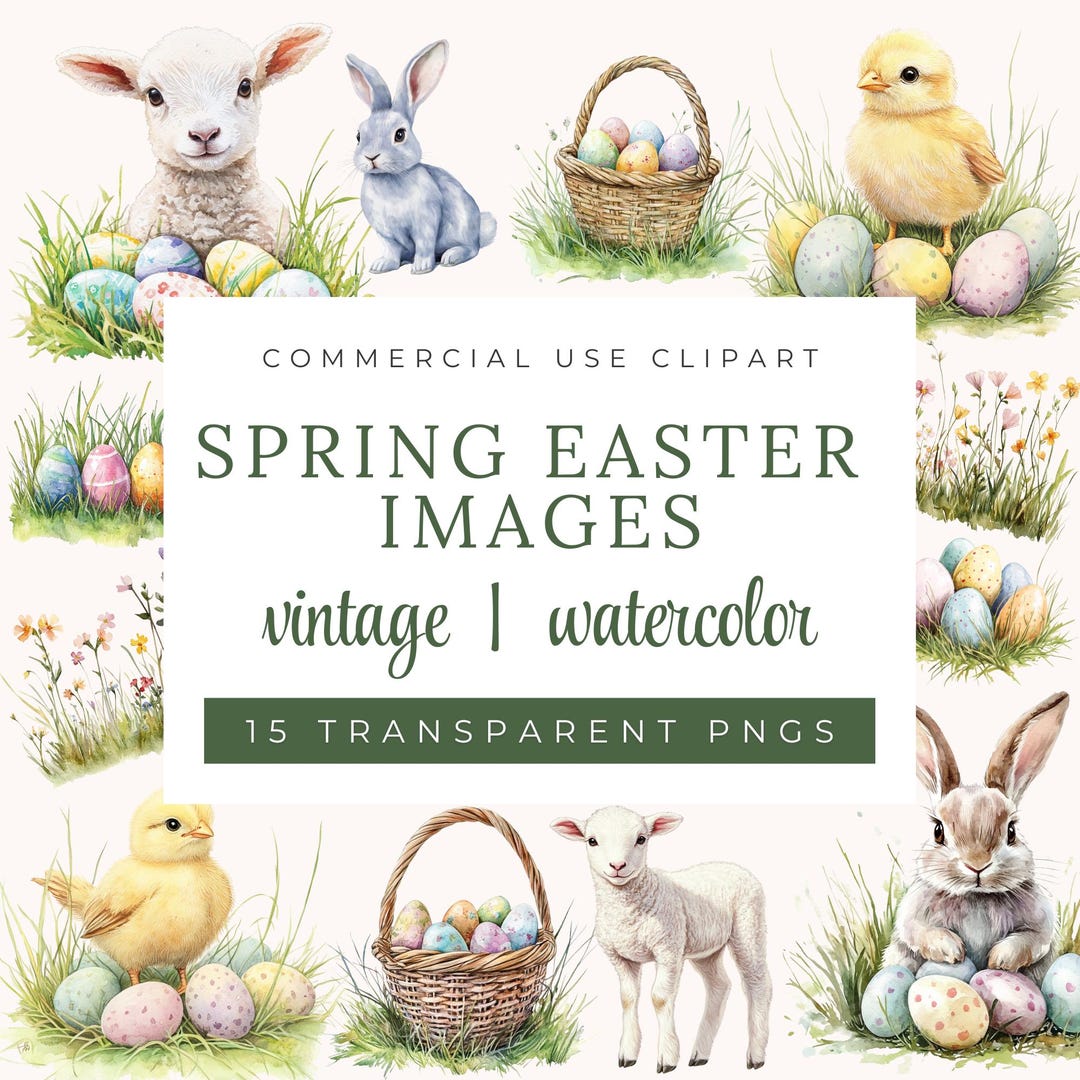 Spring Easter Clipart | Vintage Watercolor PNG | Lamb, Bunny, Chick ...