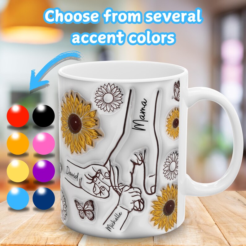 Personalized Custom Mom Mug, Holding Hands, Sunflower, Butterfly Mug ...