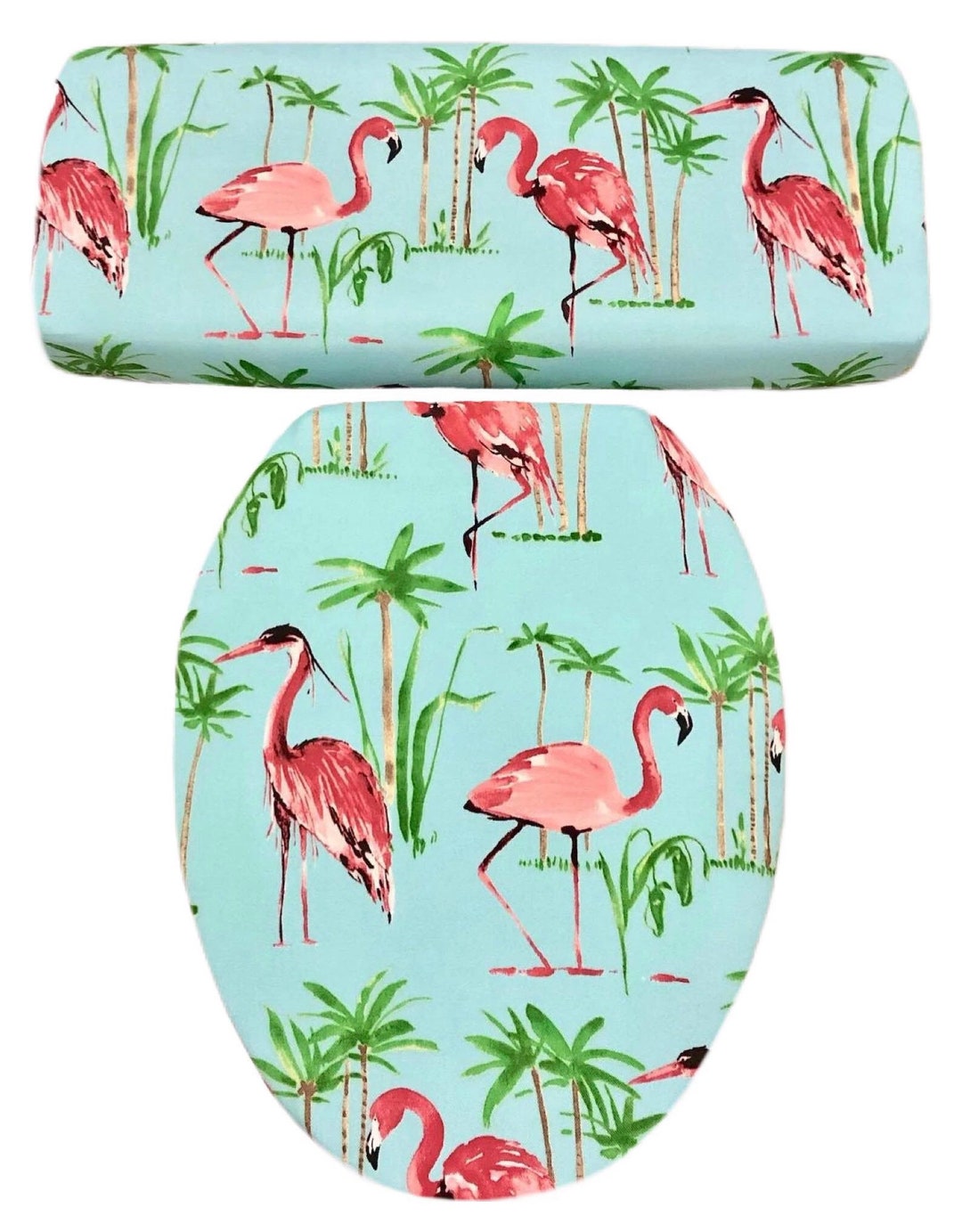 Bathroom Decor Pink Flamingos Coastal Toilet Seat & Tank Lid Slipcover ...