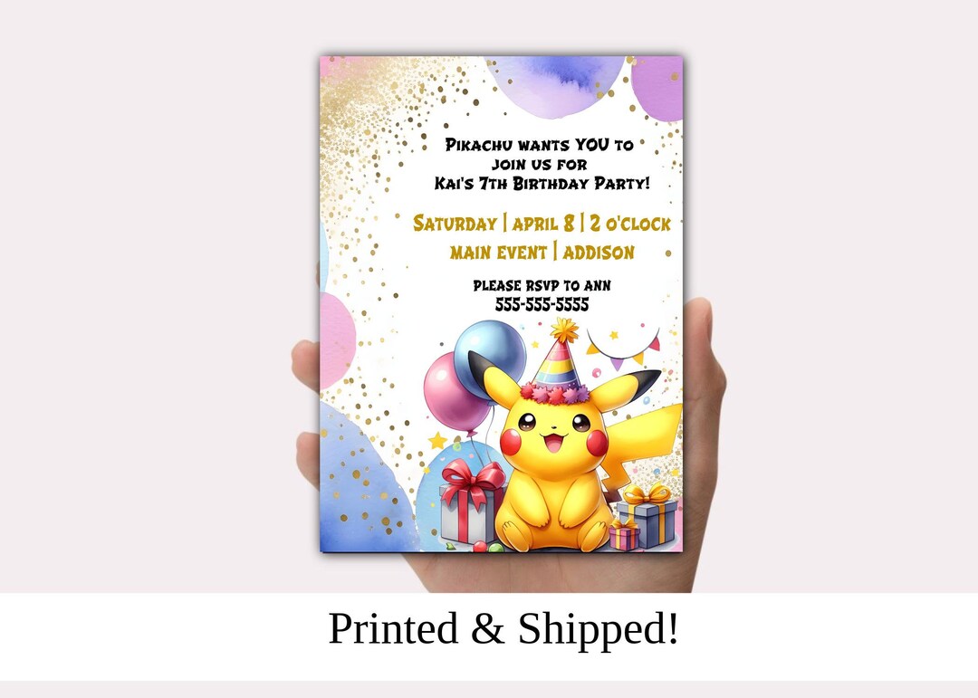 Pikachu Birthday Party Invitation Printed, Pokemon Pikachu Birthday ...