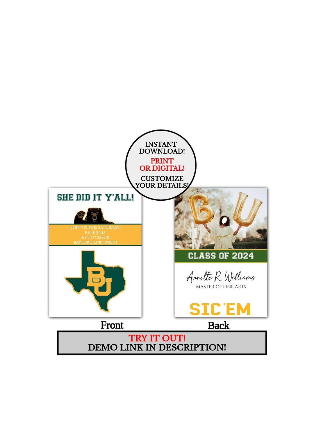 Graduation Invitation, Printable Invitation, Baylor University, Waco ...