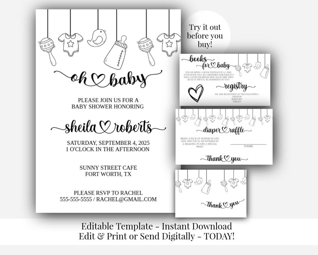 Baby Shower Invitation Set, Diaper Raffle Card, Thank You Card, Baby ...