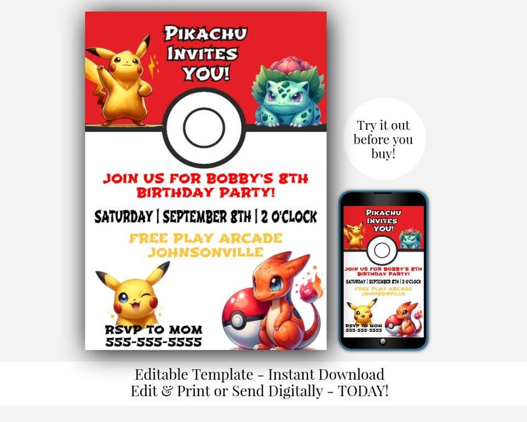 Pikachu Birthday Invite, Pokemon Party Invitation, Printable Pikachu ...