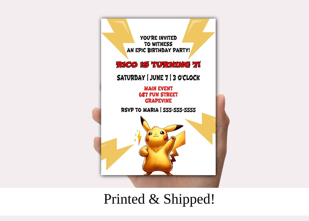 Pikachu Birthday Party Invitation Printed, Pokemon Pikachu Birthday ...