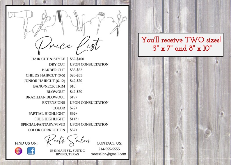 Customizable Salon Pricing Board, Printable Small Business Price Menu ...