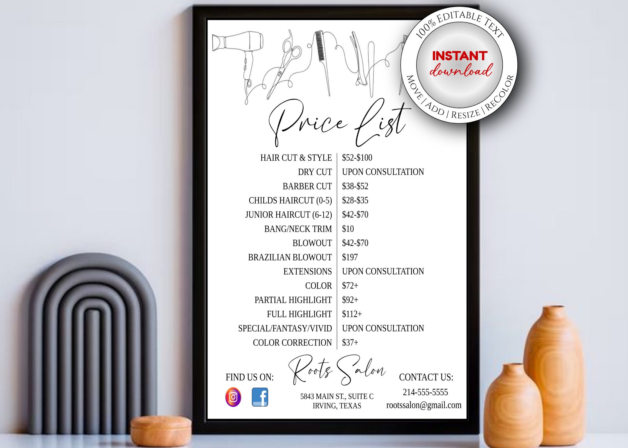 Customizable Salon Pricing Board, Printable Small Business Price Menu ...