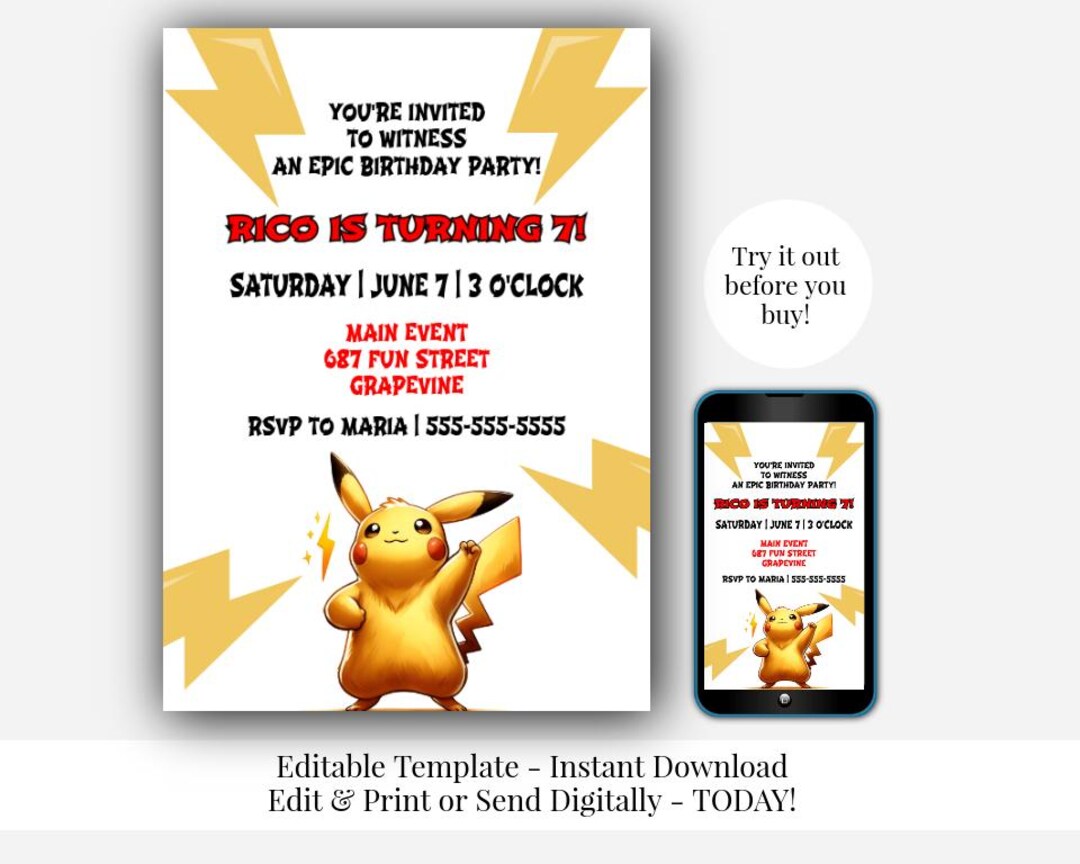 Invitación de cumpleaños de Pikachu, invitación de fiesta de Pokémon ...