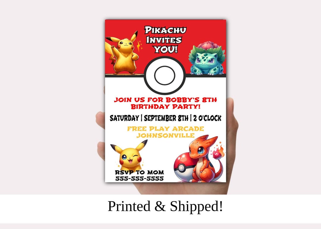 Pikachu Birthday Party Invitation Printed, Pokemon Pikachu Birthday ...