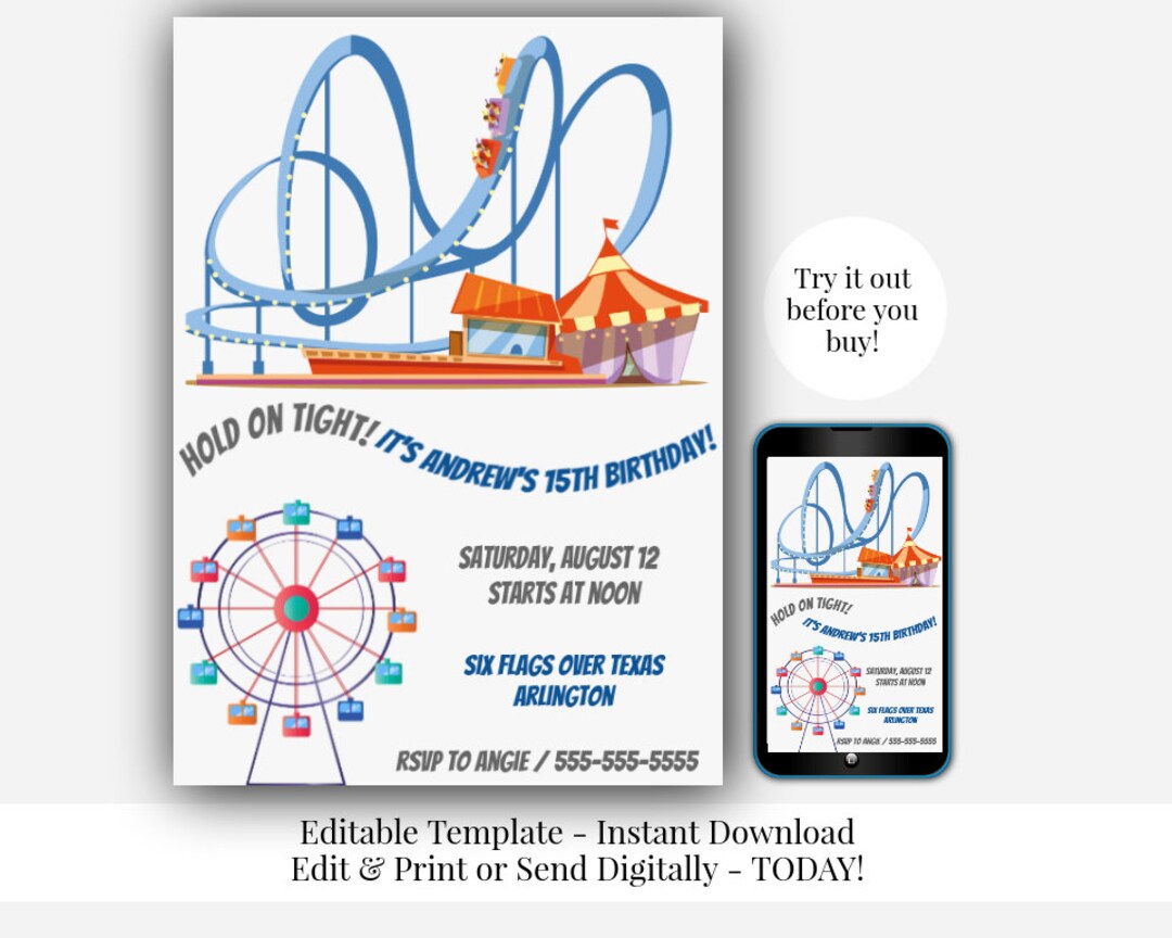 Amusement Park Birthday Invitation Template, Printable Amusement Park ...