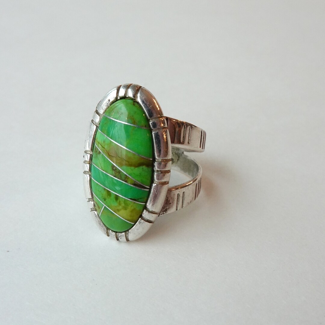 Vintage Sterling Silver Green Inlaid Ring - Etsy
