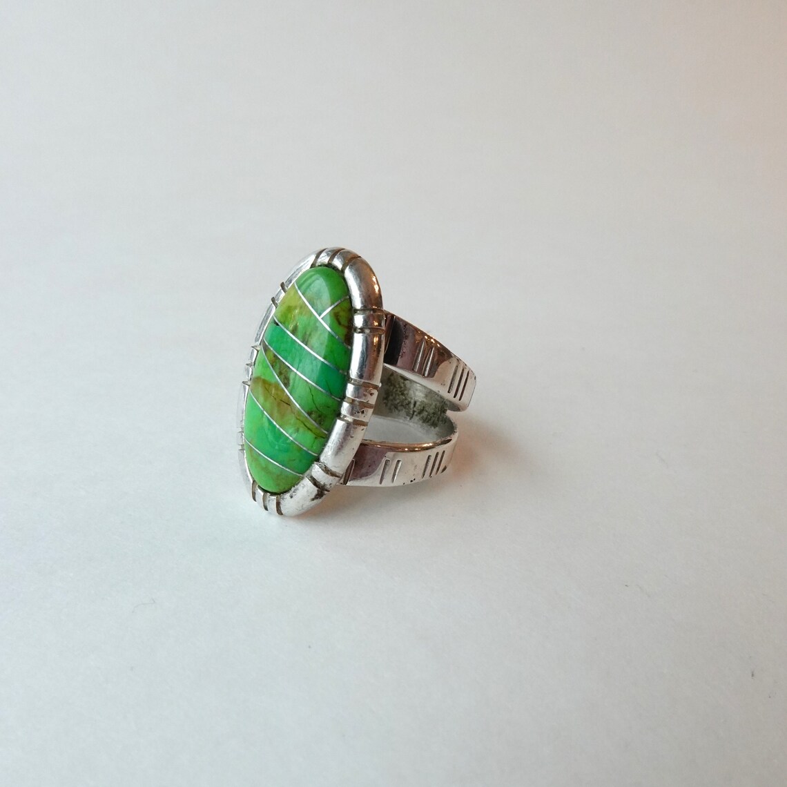 Vintage Sterling Silver Green Inlaid Ring - Etsy