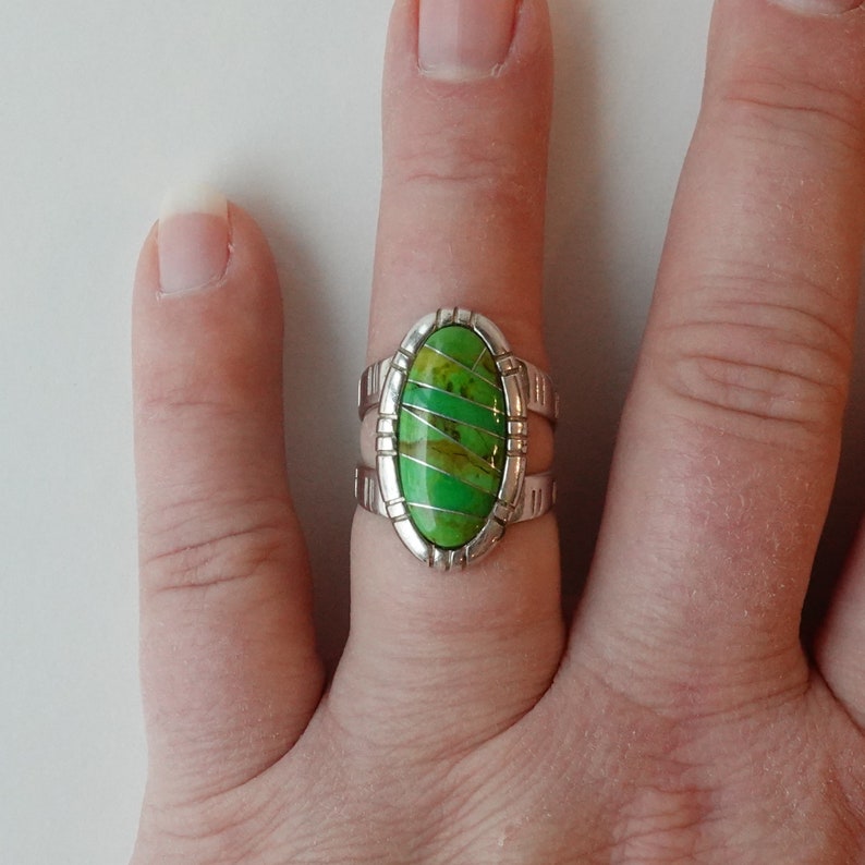 Vintage Sterling Silver Green Inlaid Ring - Etsy