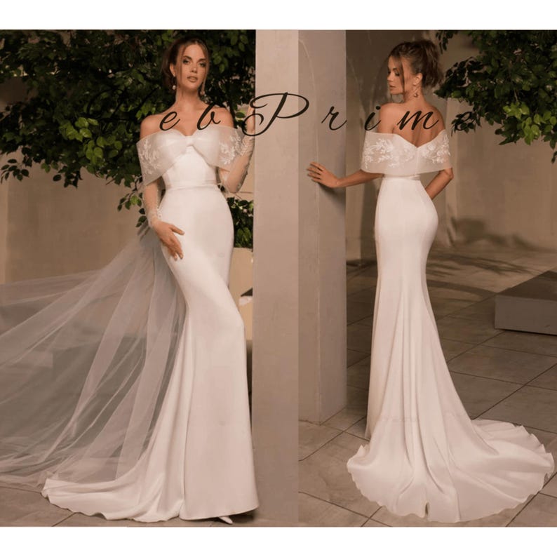 Romantic Mermaid Wedding Dress Soft Satin, Off-shoulder Bow, Backless ...
