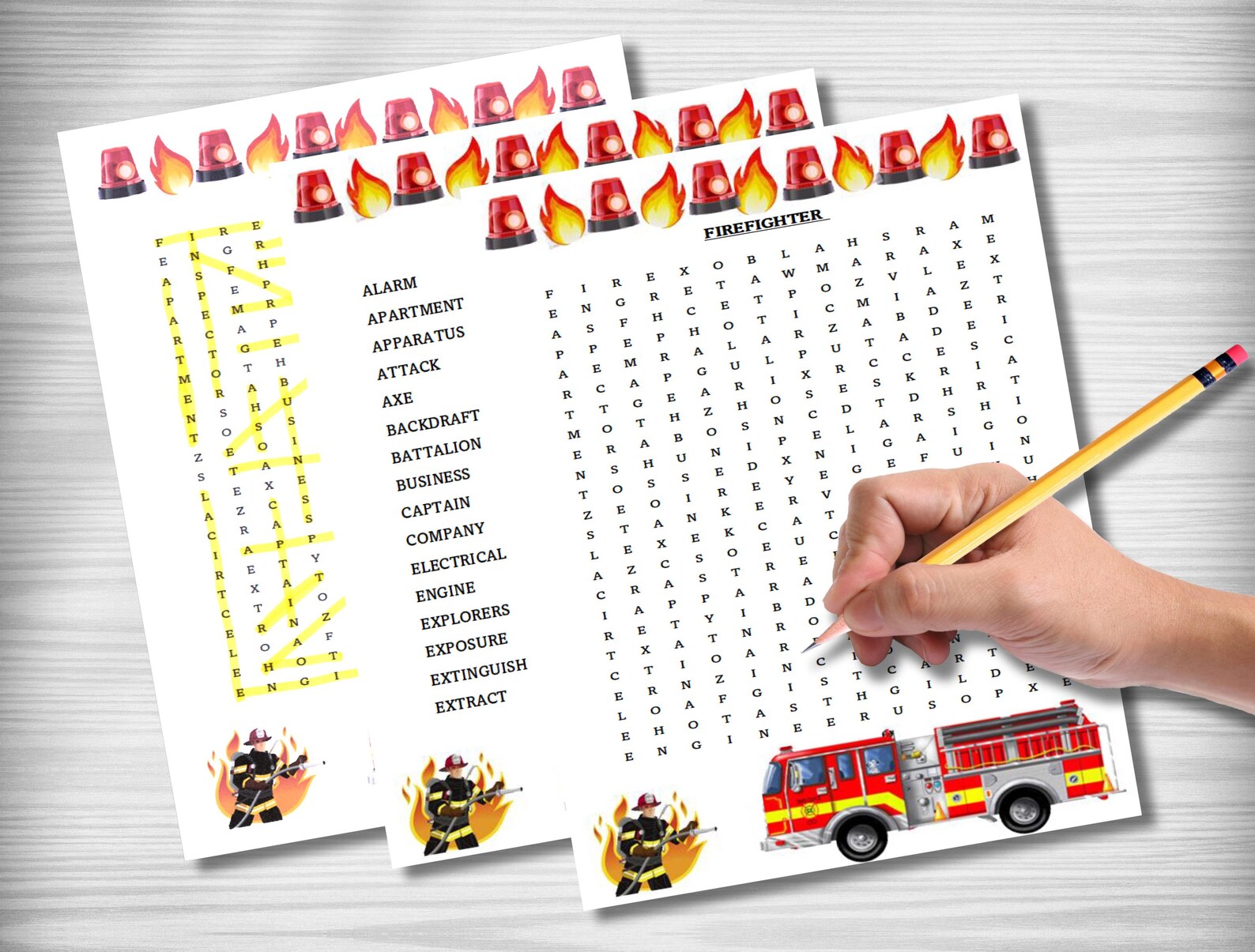 Firefighter Word Search Puzzle: Fire Truck & Helmet Theme (PDF ...