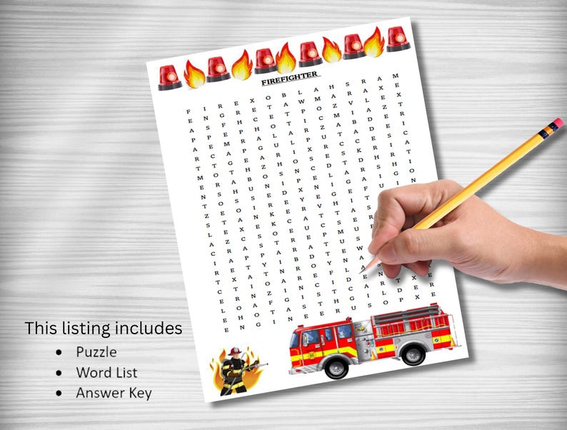 Firefighter Word Search Puzzle: Fire Truck & Helmet Theme (PDF ...